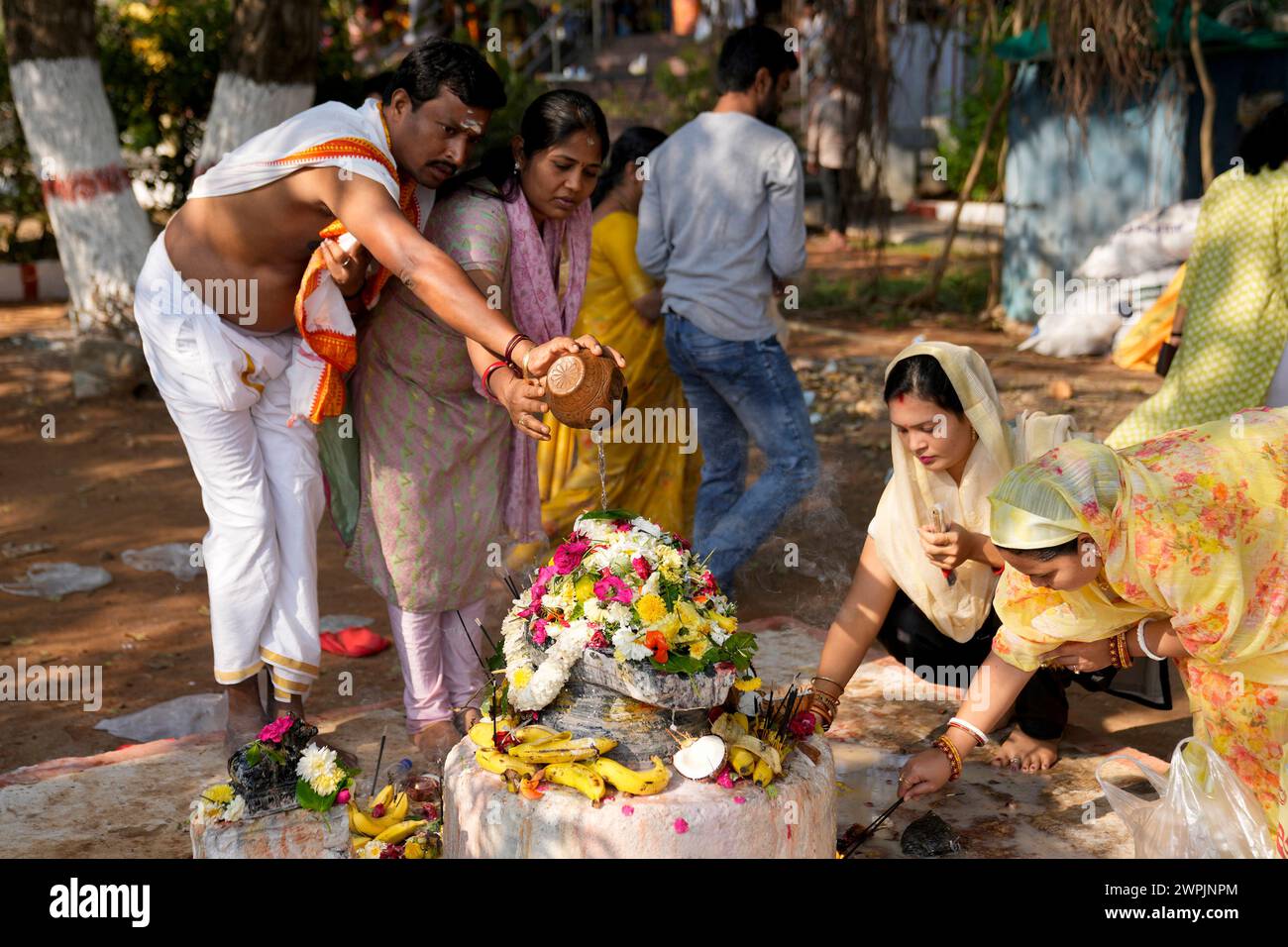 Hindu devotees offer prayers to a Shivling, a representation of Hindu ...