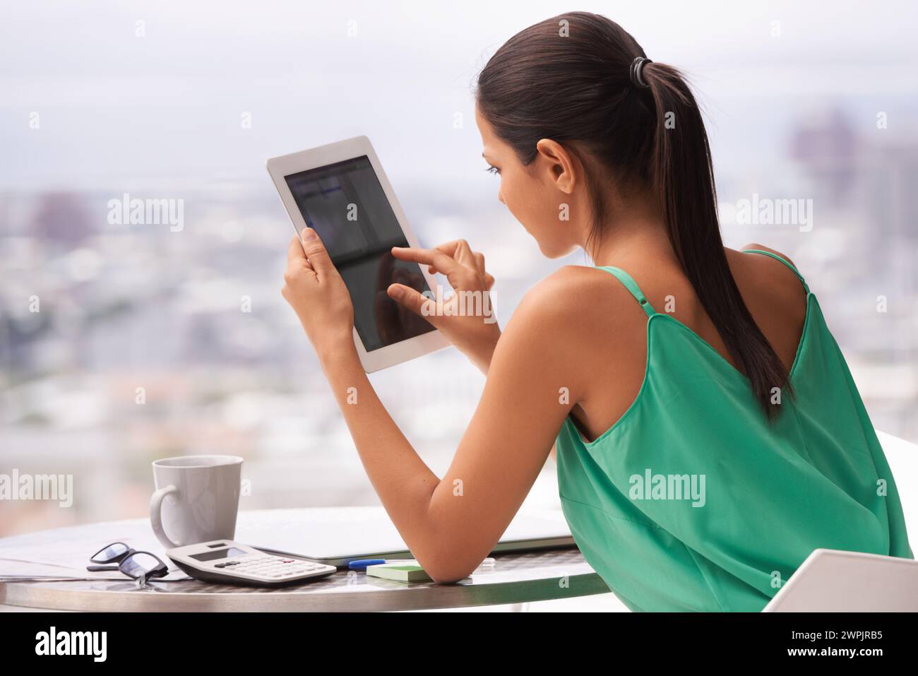 Woman, outdoor and tablet screen for planning, research and scroll on ...