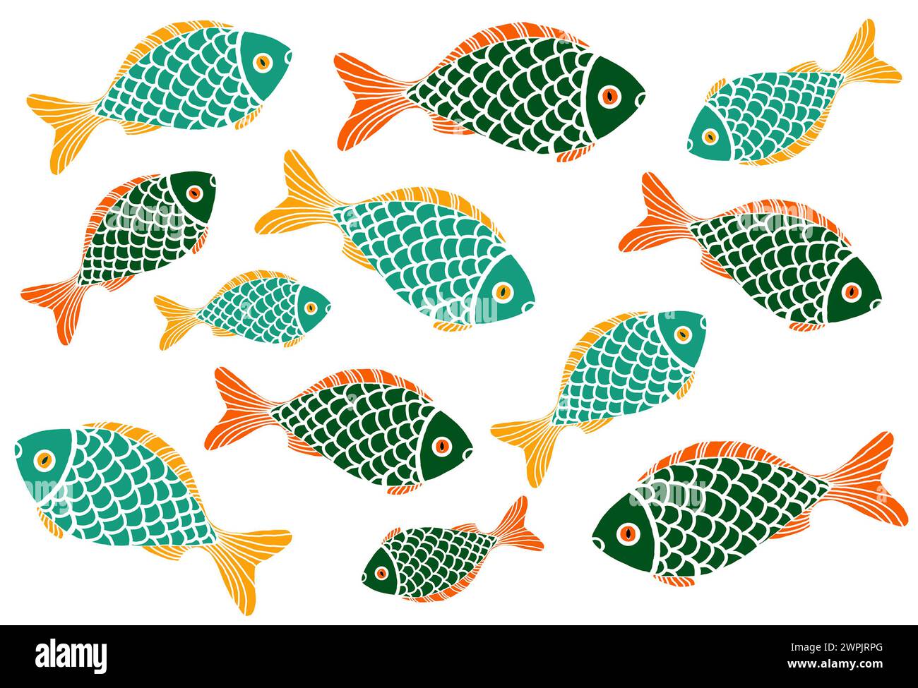A set of stylized illustrations of fish of different sizes and colors ...