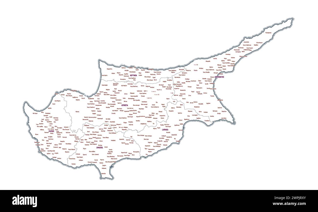 Administrative outline map of Cyprus showing regions, provinces Stock ...