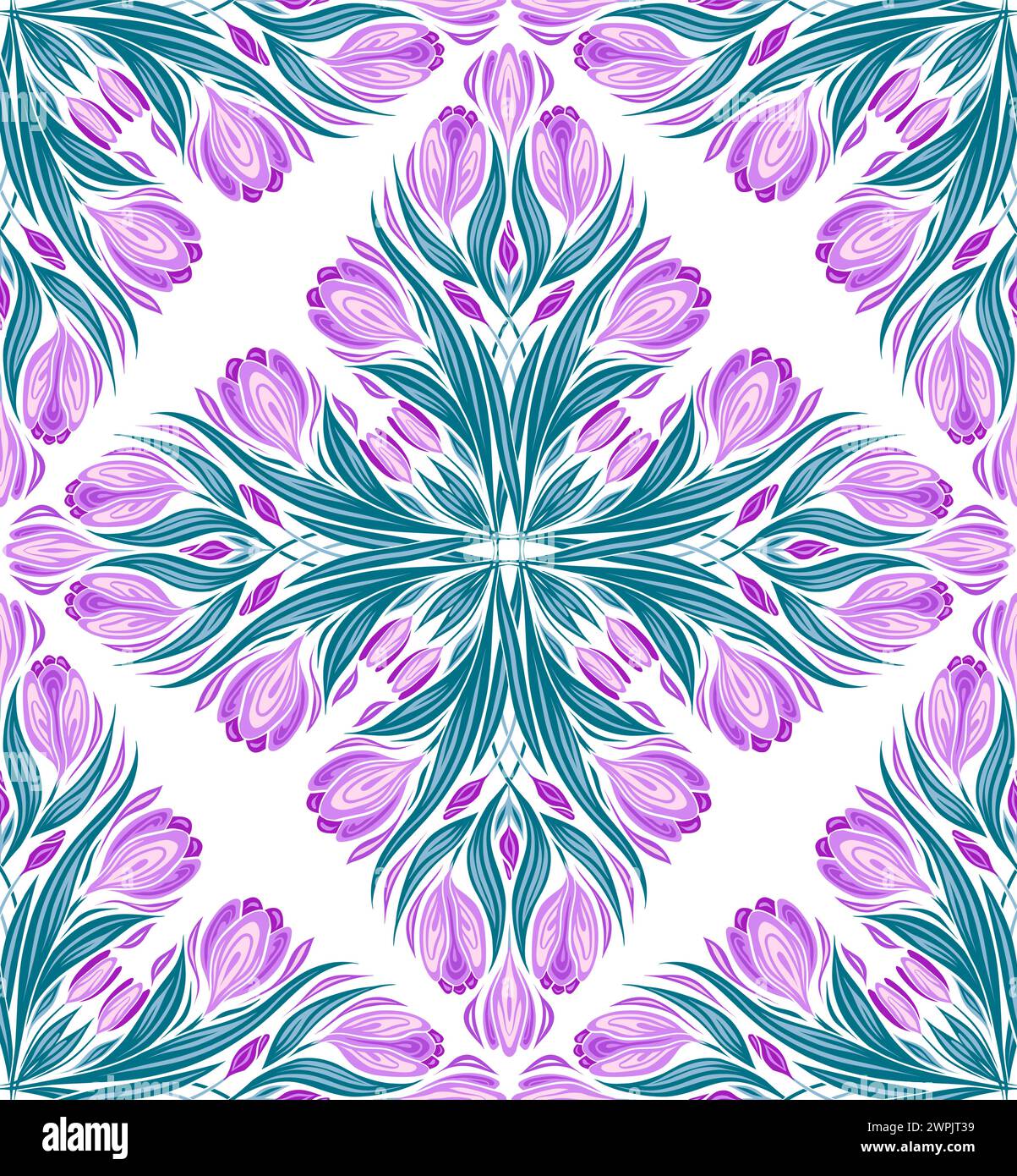 Vector seamless kaleidoscope pattern with crocuses. Art Nouveau surface design with decorative ...