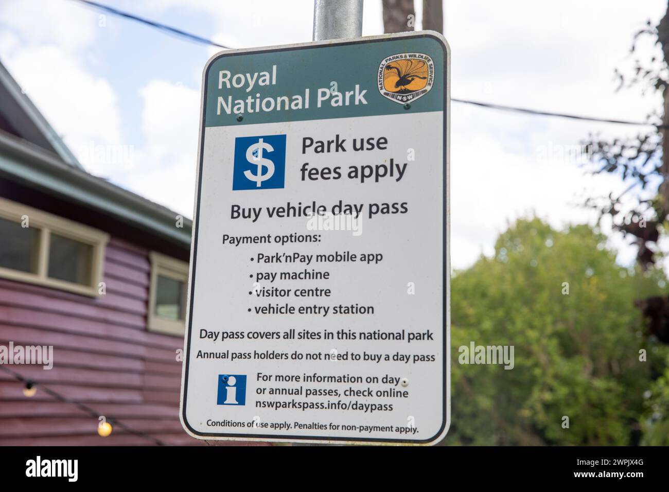 Royal National Park near Cronulla in Sydney, sign for Park use fees ...