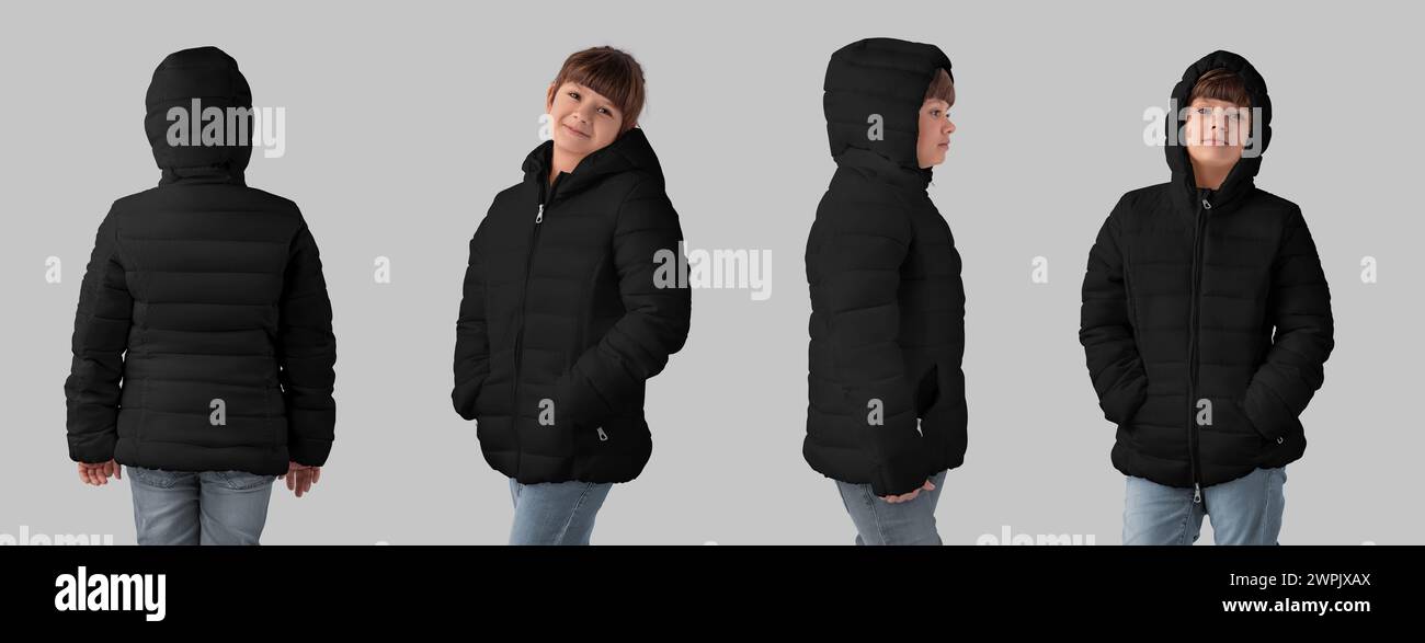 Mockup of a black puffer jacket on a girl, a set of children's warm ...