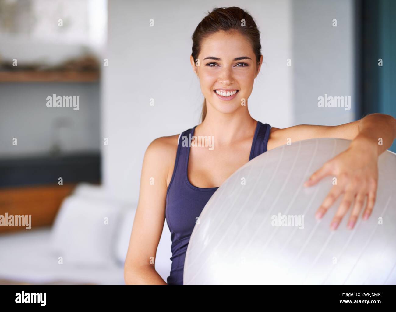 Portrait, woman or ball in fitness, core and balance in muscle ...