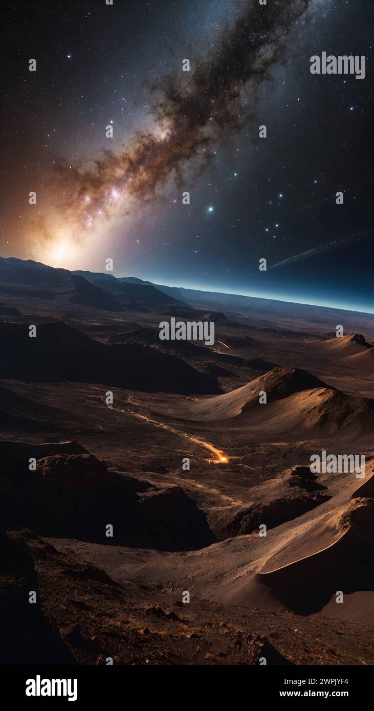 Starry sky above desert dunes and landscape with planets and stars ...
