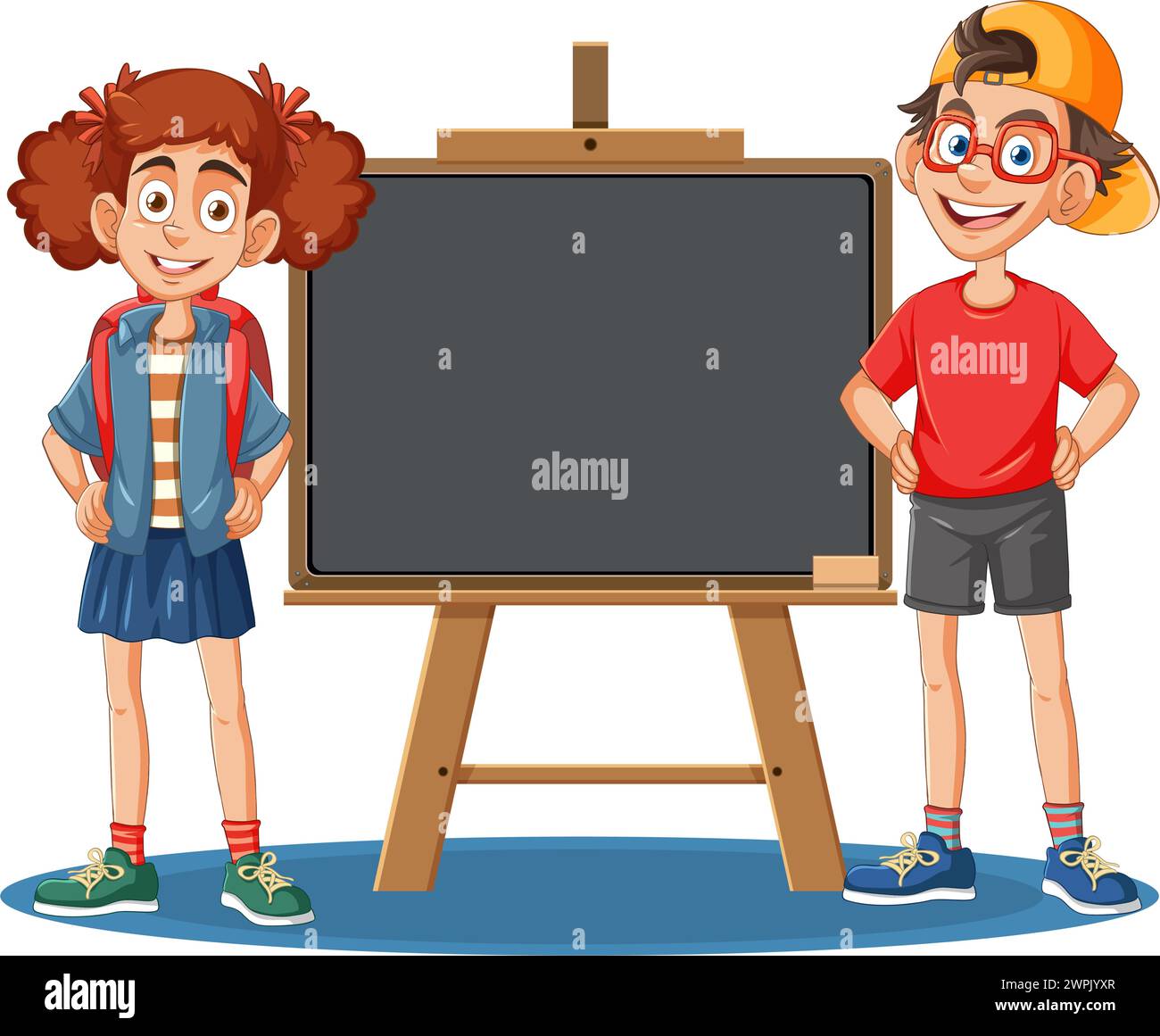 Two cartoon kids standing beside an empty chalkboard Stock Vector Image ...