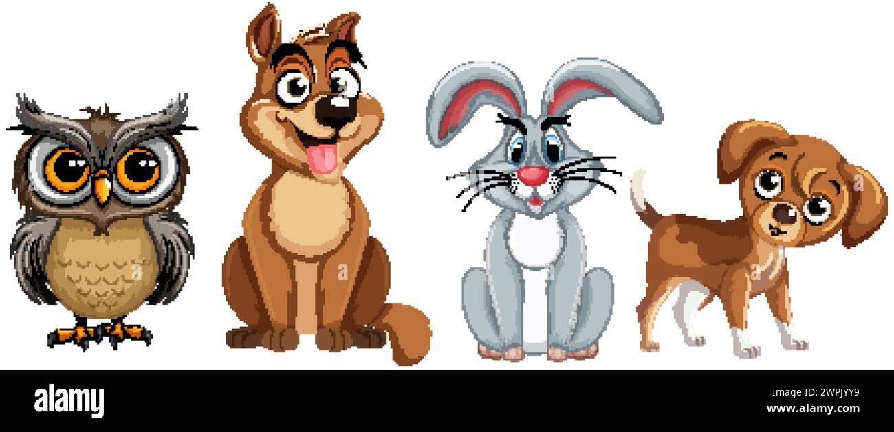 Cartoon owl, kangaroo, rabbit, and puppy illustration Stock Vector ...