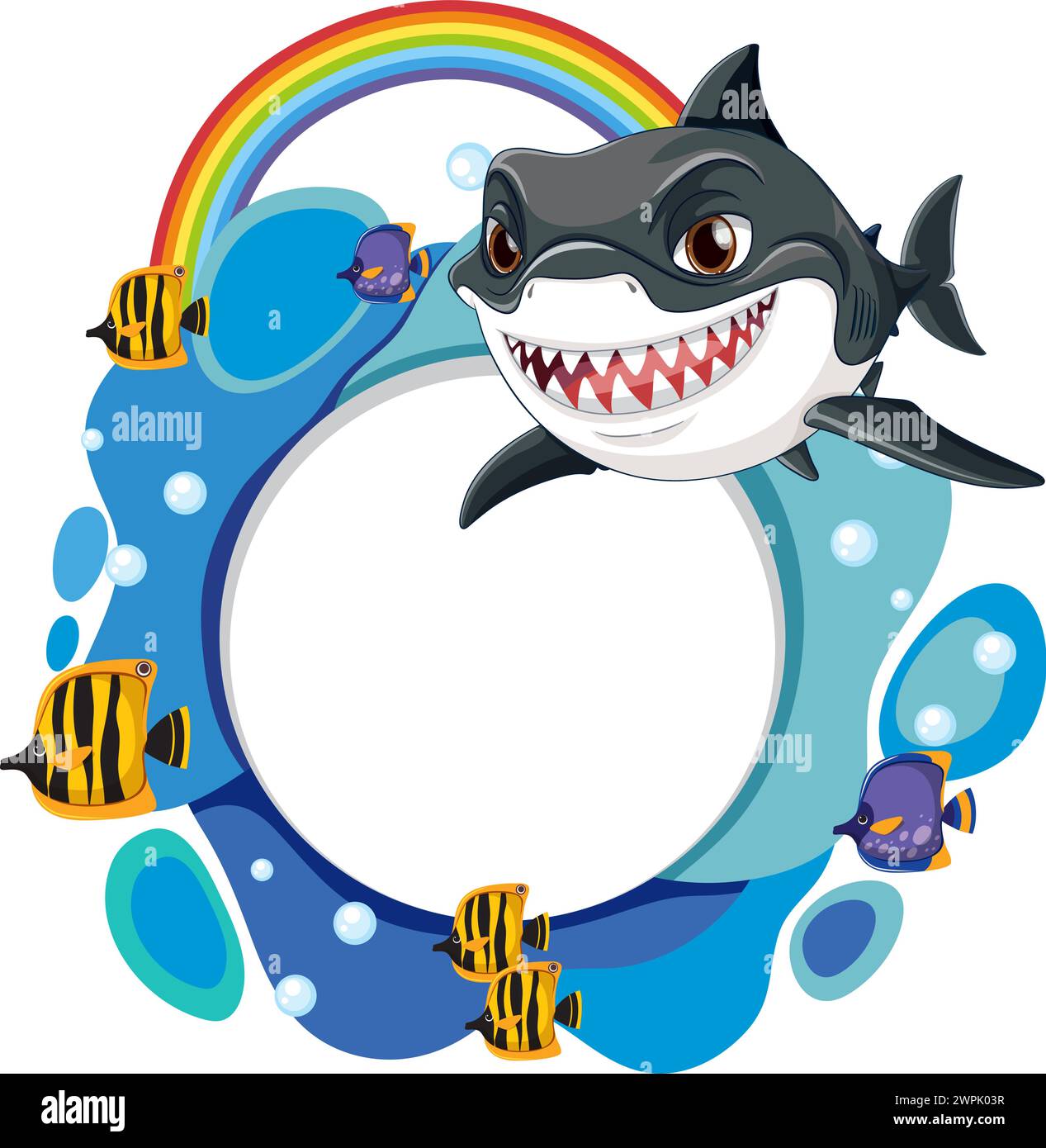 Vector illustration of a shark with colorful fish and rainbow Stock ...