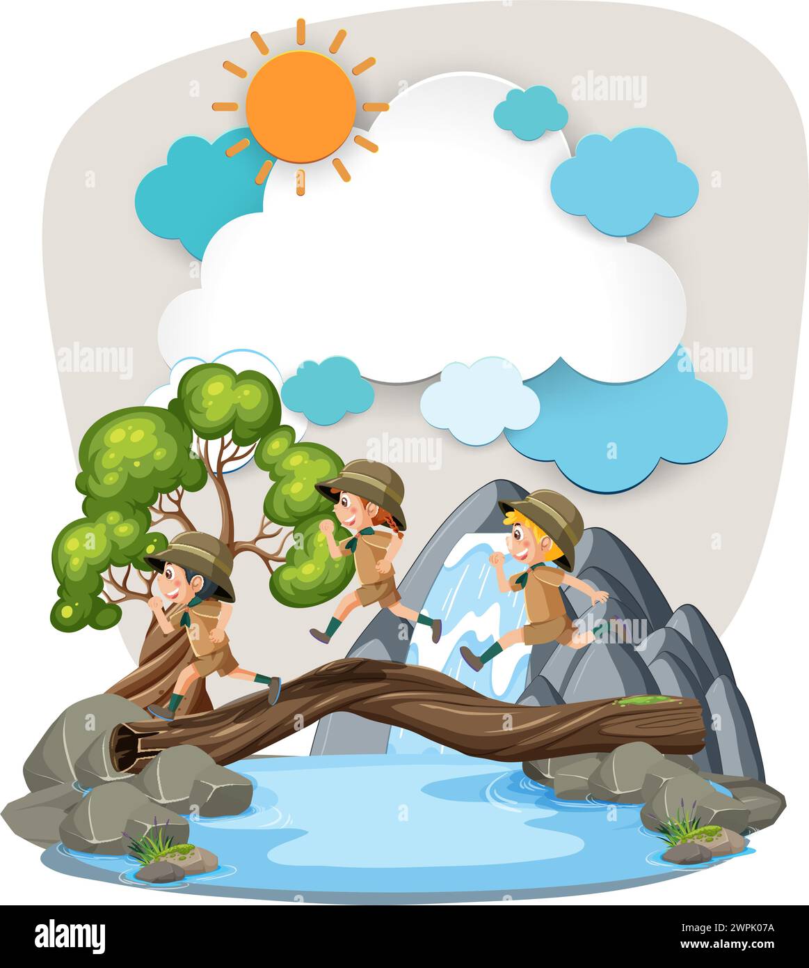 Cartoon scouts crossing a river on a log bridge Stock Vector Image ...