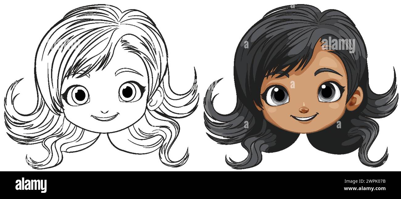 Two cartoon girls with different hair and skin tones Stock Vector Image ...