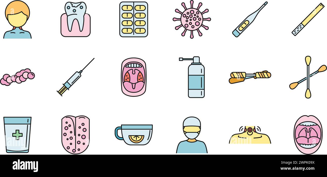 Tonsillitis icons set outline vector. Tonsil anatomy. Mouth throat ...