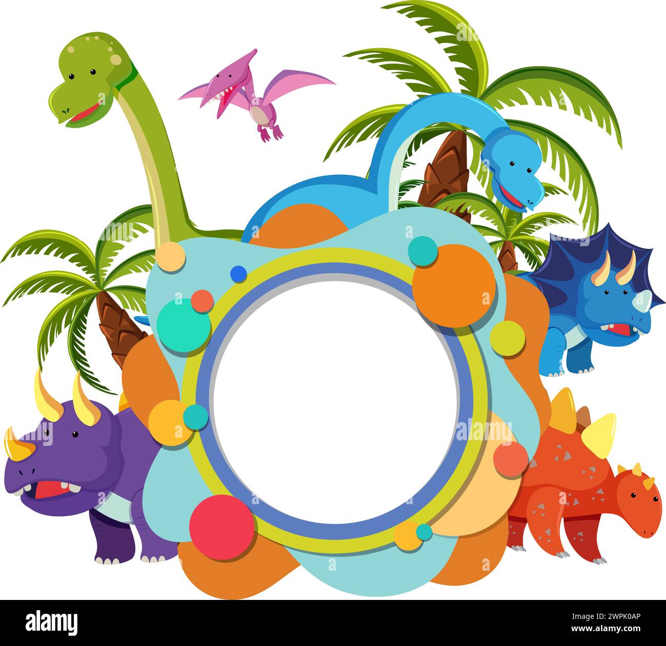 Cartoon dinosaurs around a circular frame with palms Stock Vector Image ...