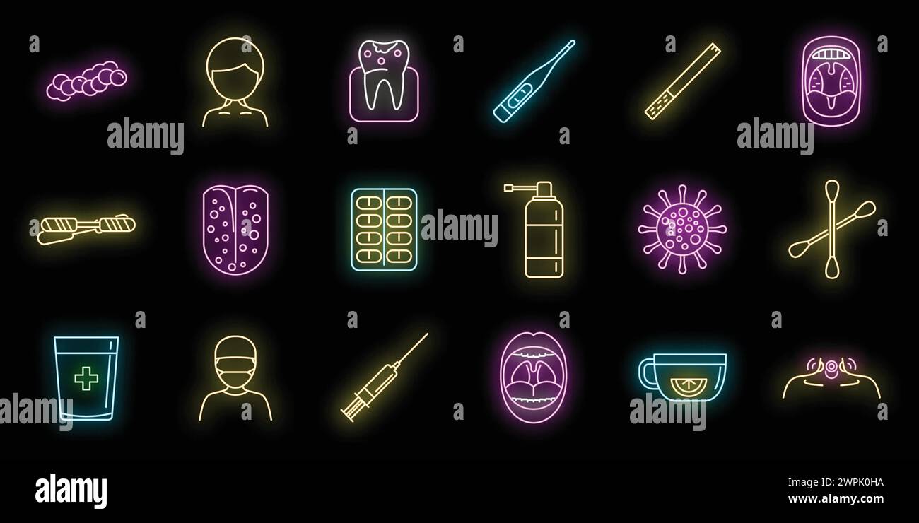 Tonsillitis icons set outline vector. Tonsil anatomy. Mouth throat neon ...