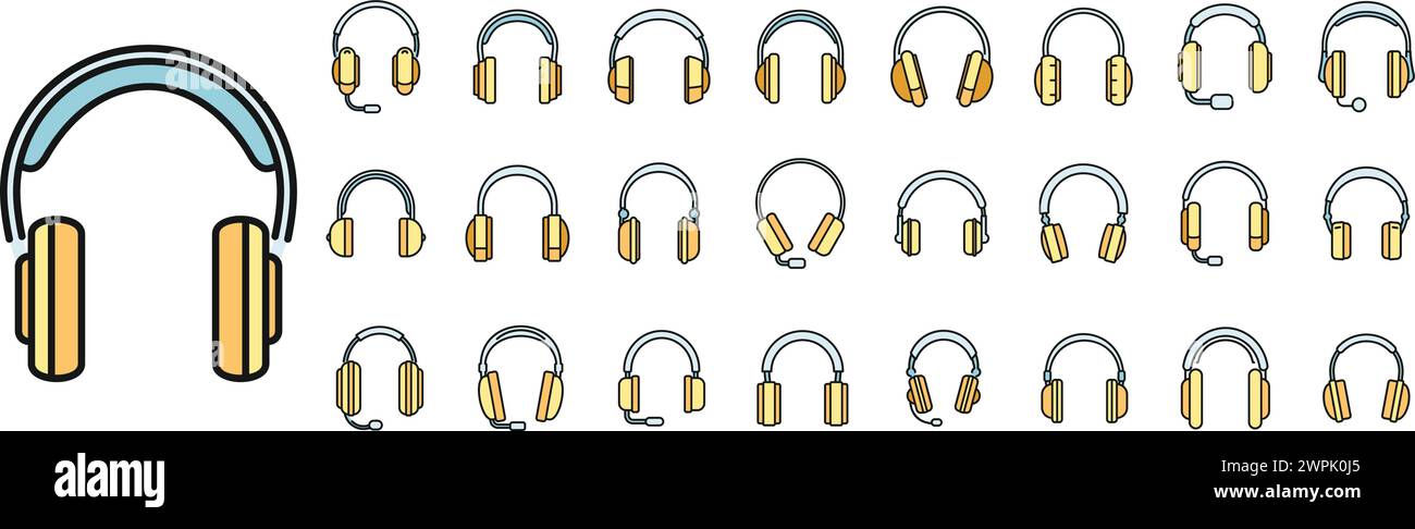 Audio headset icons set outline vector. Call accessory. Cord headset ...