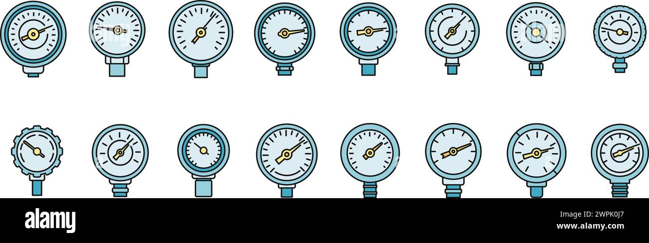 Gauge manometer icons set outline vector. Pressure meter. Machine sensor color line isolated ...