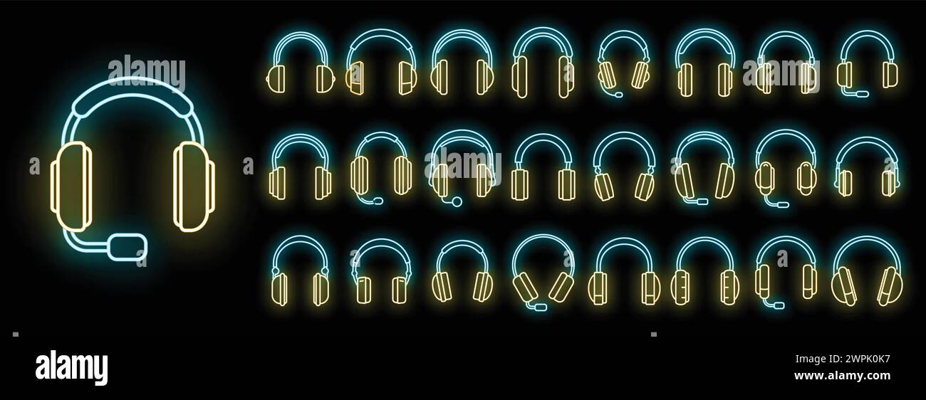 Audio headset icons set outline vector. Call accessory. Cord headset ...