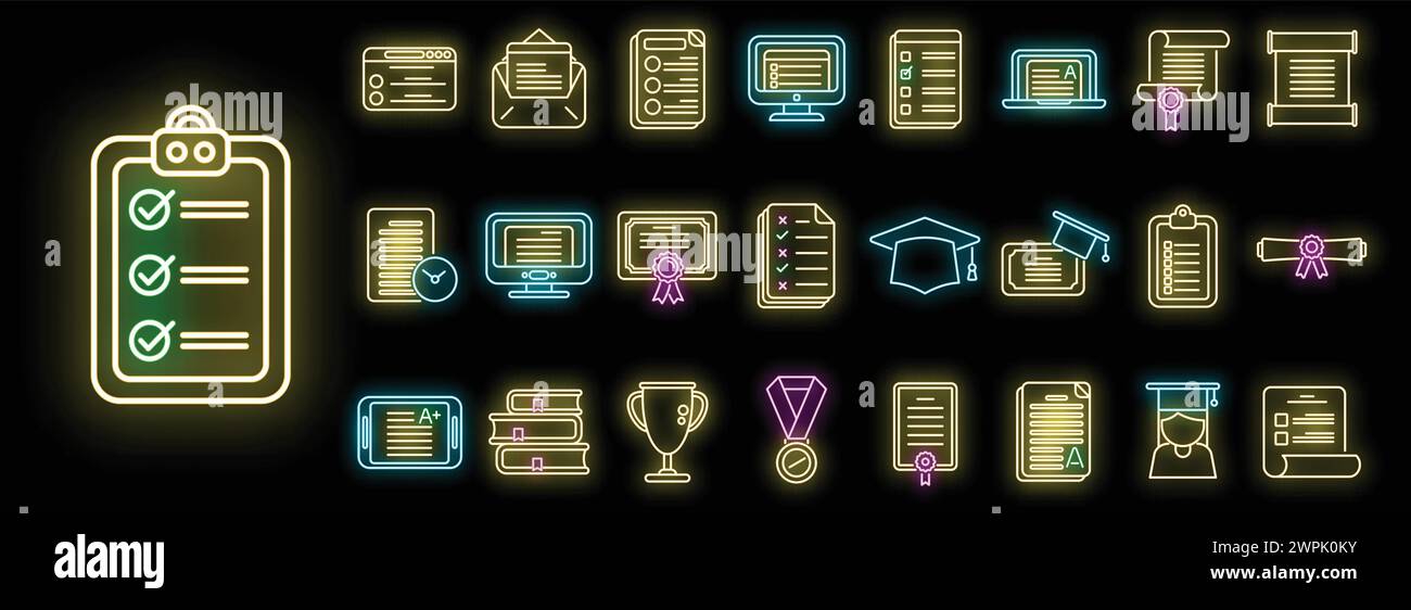 Final exam icons set outline vector. Student college. Final pass neon ...