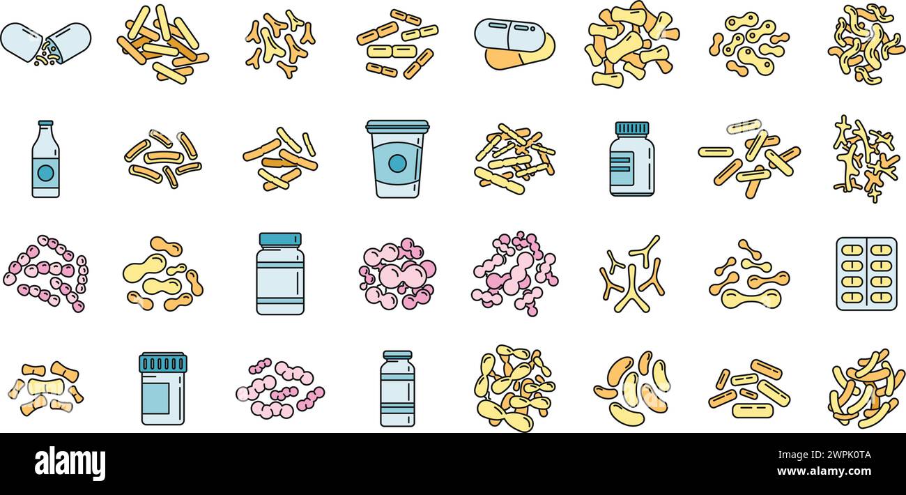 Probiotics microbiology icons set outline vector. Stomach bacteria ...