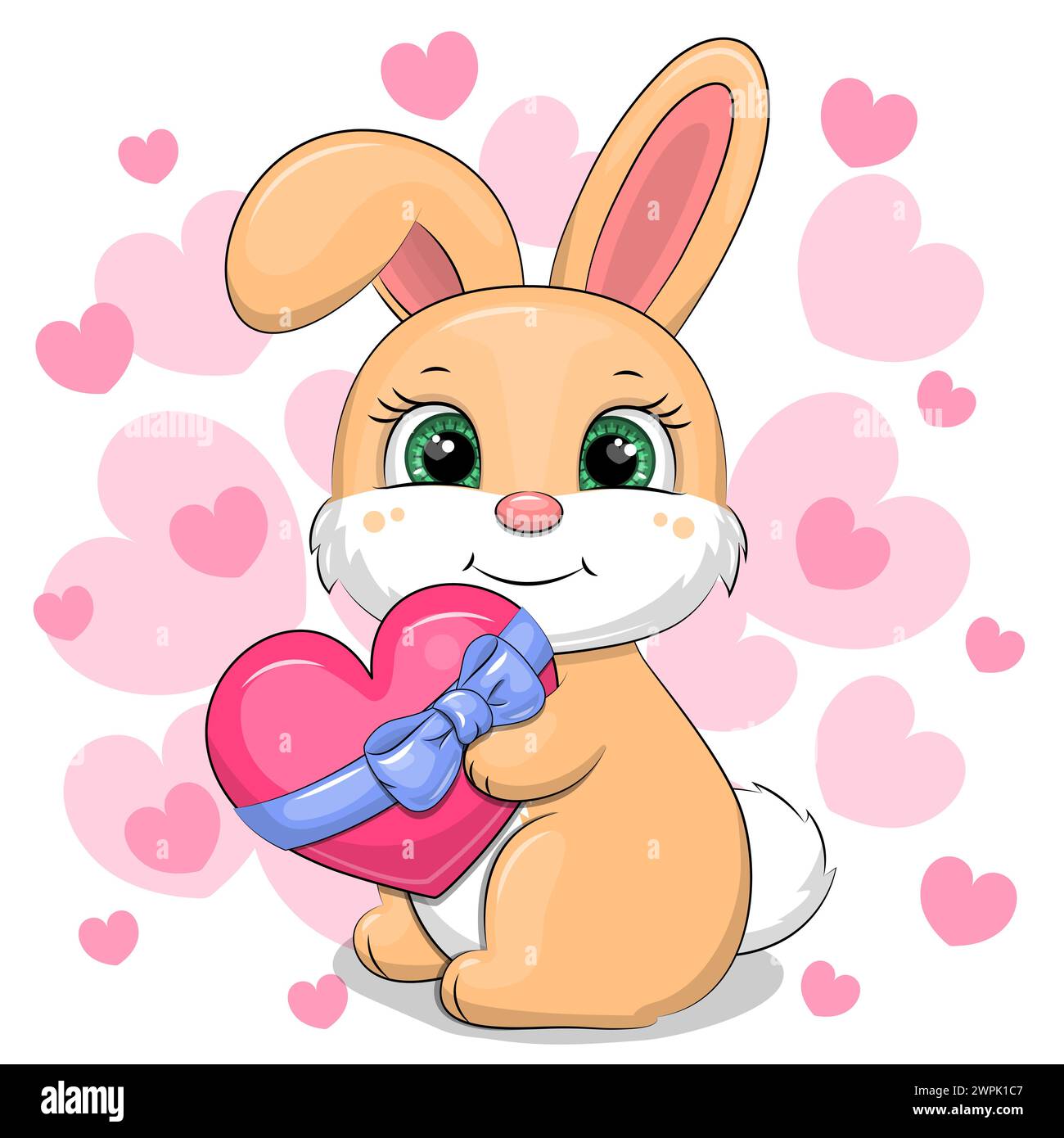Cute cartoon rabbit holding a heart with blue ribbon. Vector ...