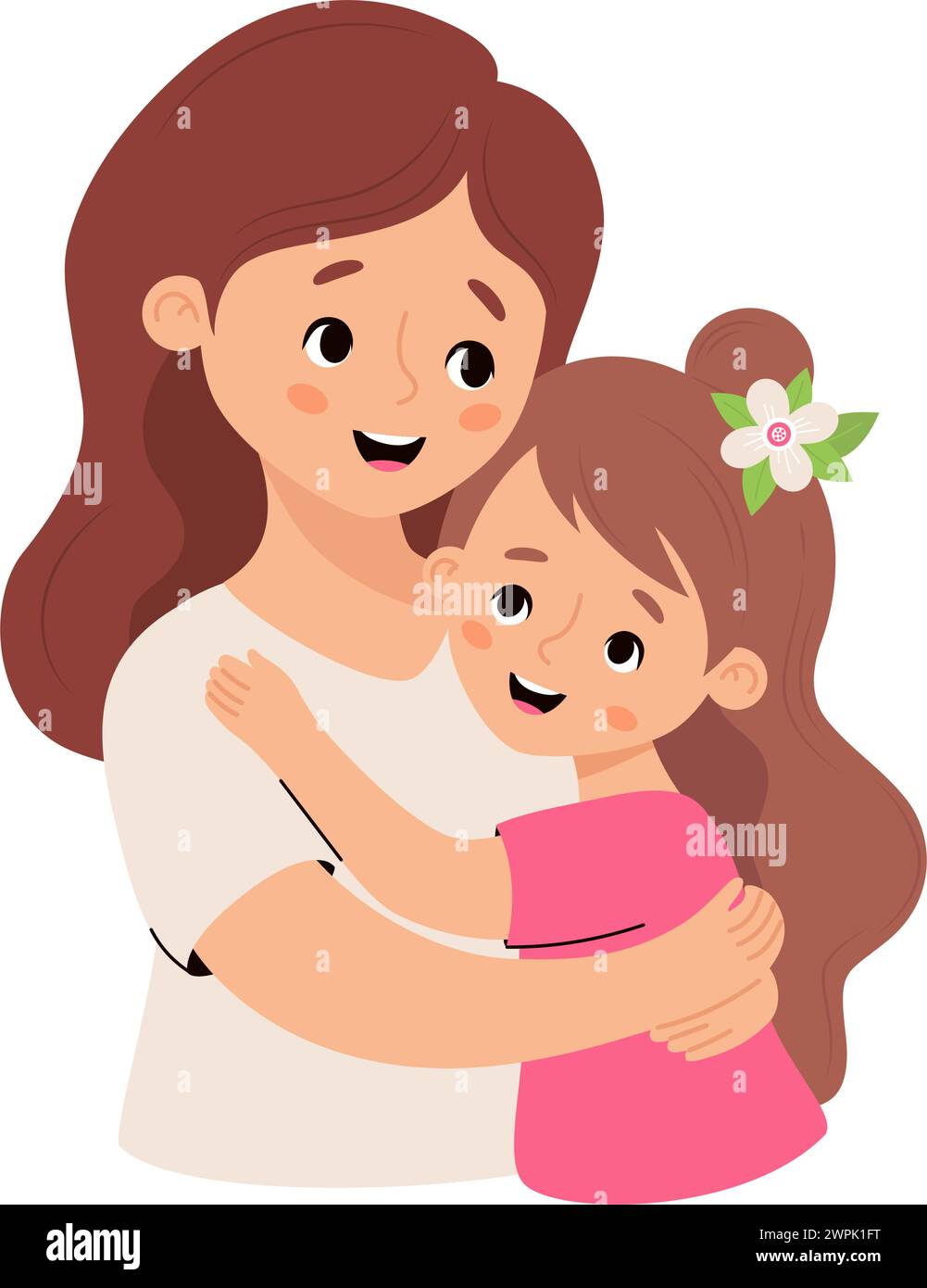 Cute mother hugs her child girl daughter. Vector illustration flat cartoon style. Happy female ...