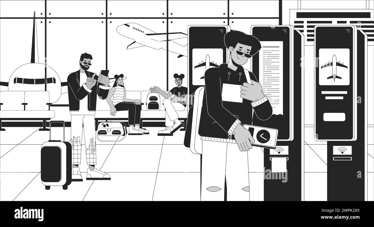 Airport passenger at self check in kiosk black and white line ...