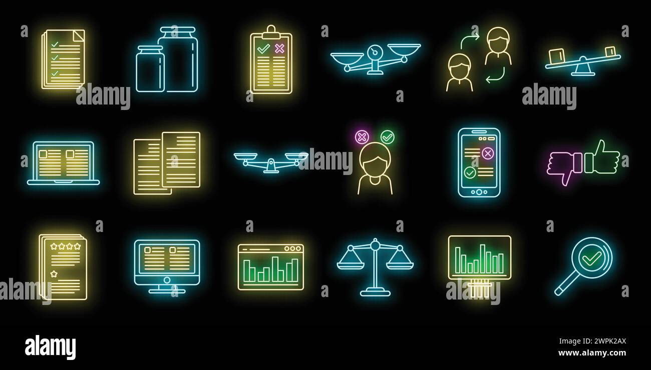 Comparison icons set outline vector. Small big. Business influence neon ...