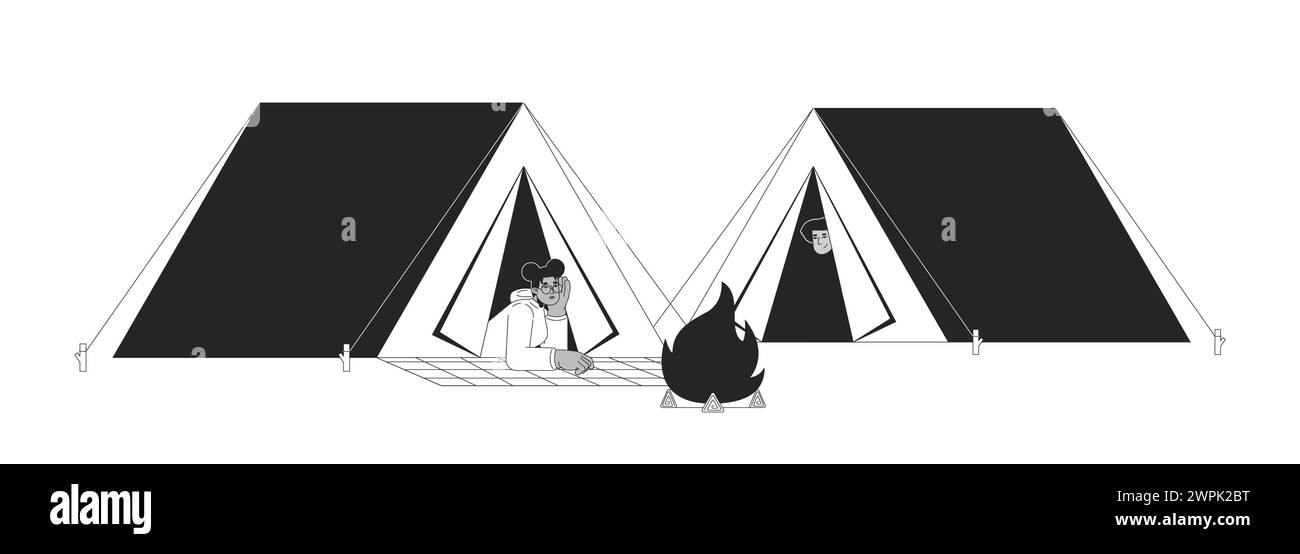 Friends in camping tents bonfire black and white 2D line cartoon ...