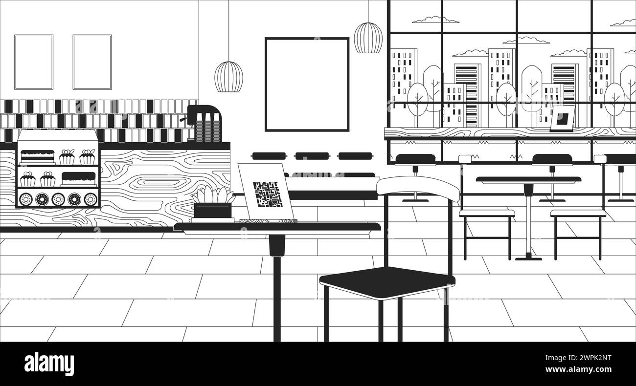 Coffee shop interior with qr code stand black and white line ...