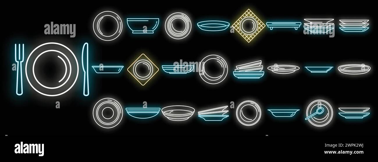 Plate icons set outline vector. Food cutlery. Dinner round plate neon ...