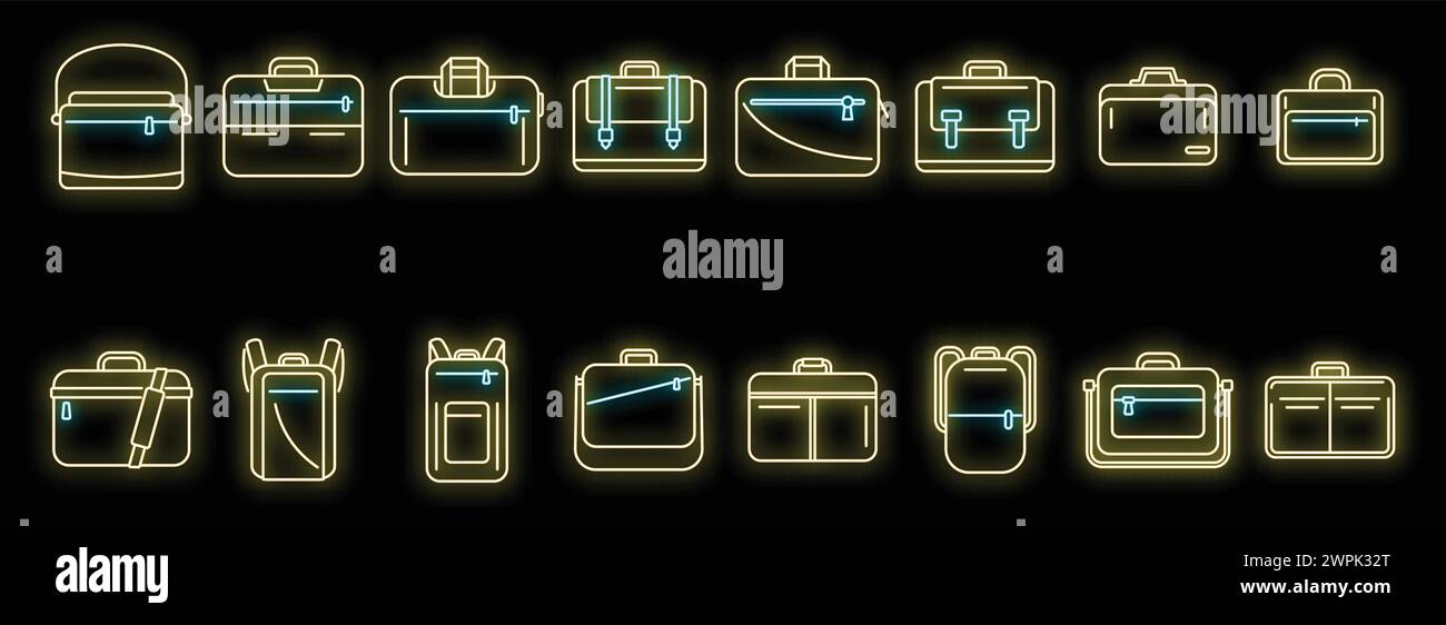 Laptop bag icons set outline vector. Computer case. Shoulder luggage ...