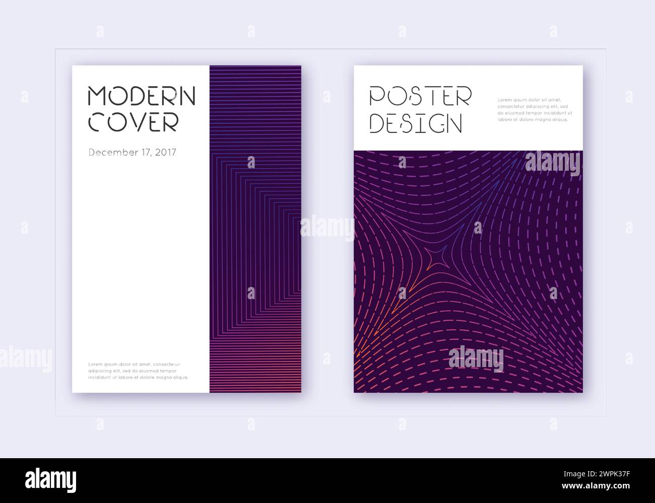 Minimal cover design template set. Violet abstract lines on dark ...