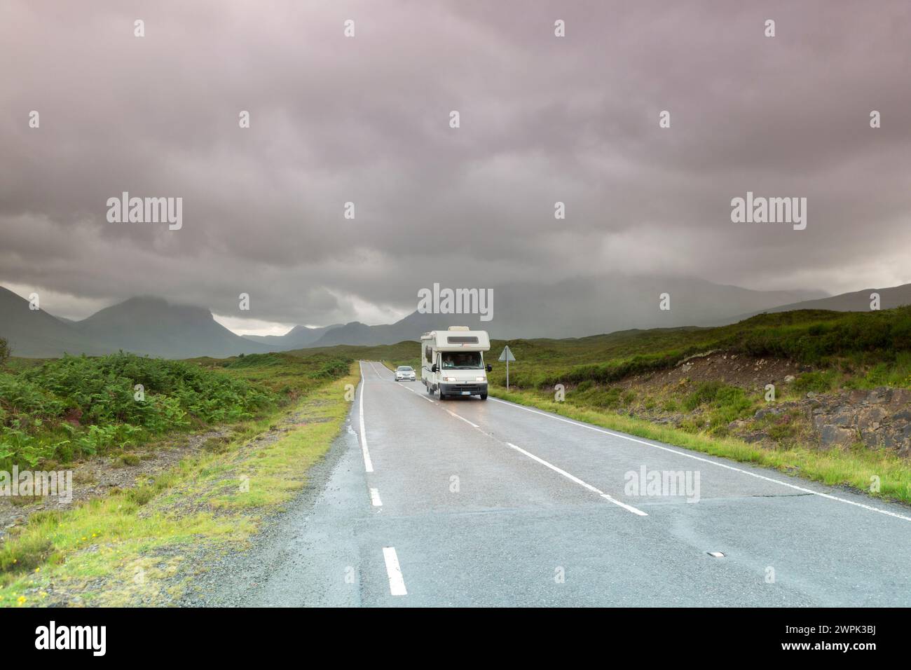 UK, Scotland, Isle of skye, Glen Varragill with Motorhome with a ...