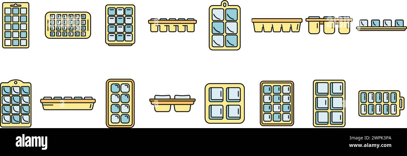 Ice cube trays icons set outline vector. Cool container. Kitchen ...