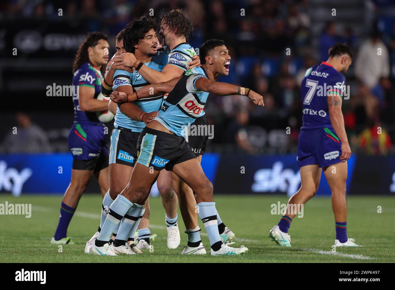 Auckland, New Zealand. 08th Mar, 2024. Sharks Ronaldo Mulitalo and ...