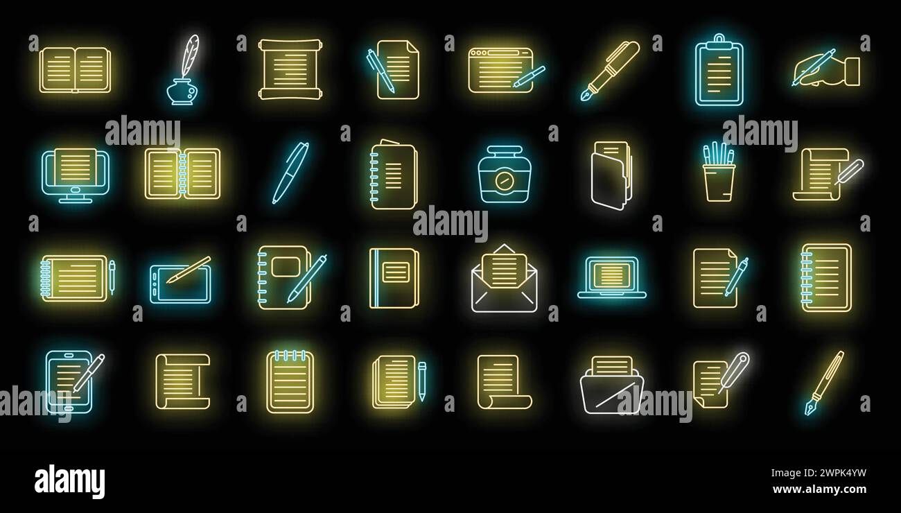 Writing icons set outline vector. Letter write. Self message neon ...