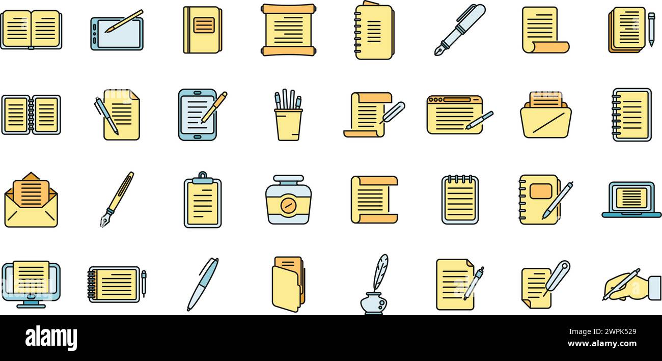 Writing icons set outline vector. Letter write. Self message color line ...
