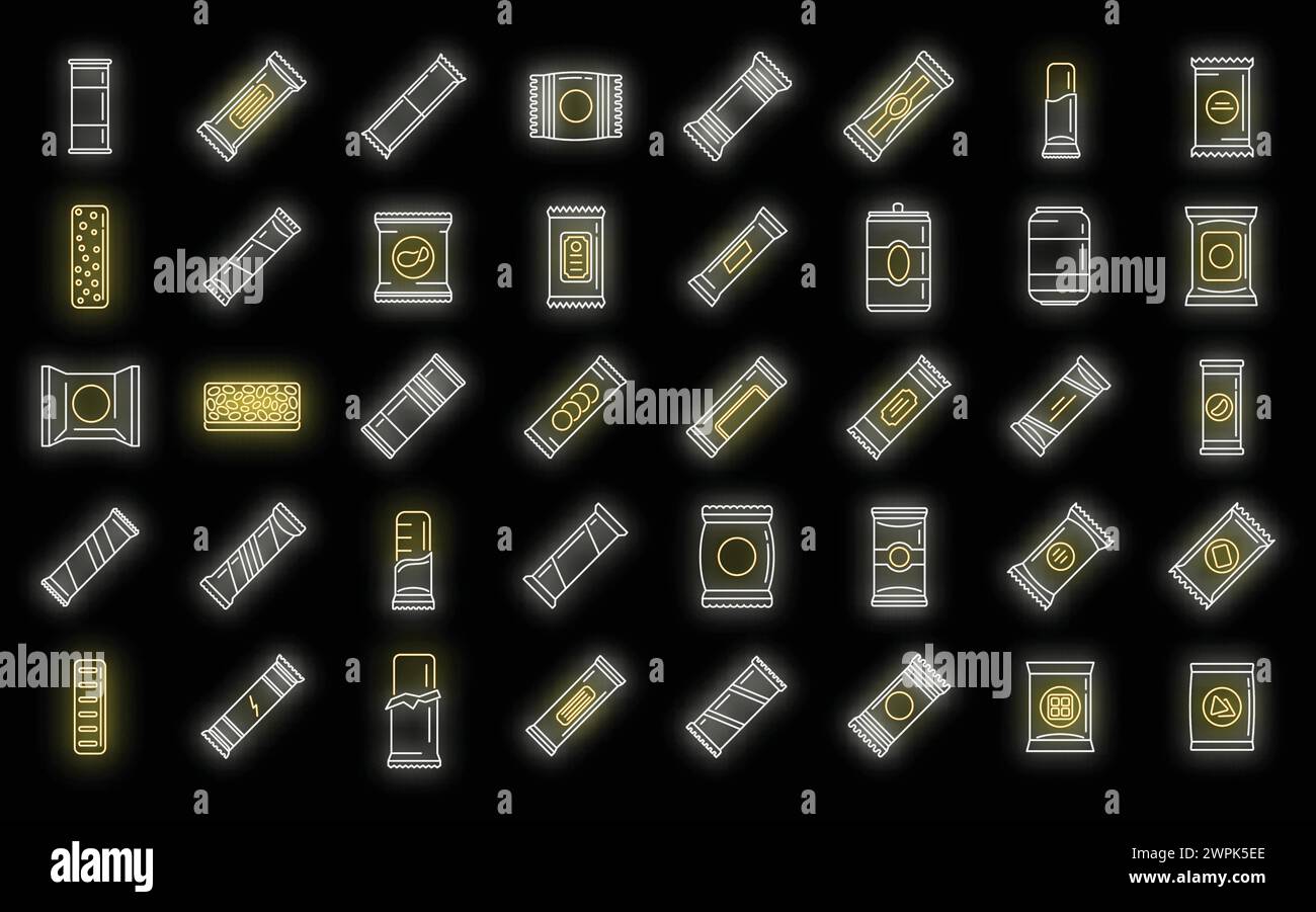 Snack bar icons set outline vector. Candy product. Snack bar food neon ...