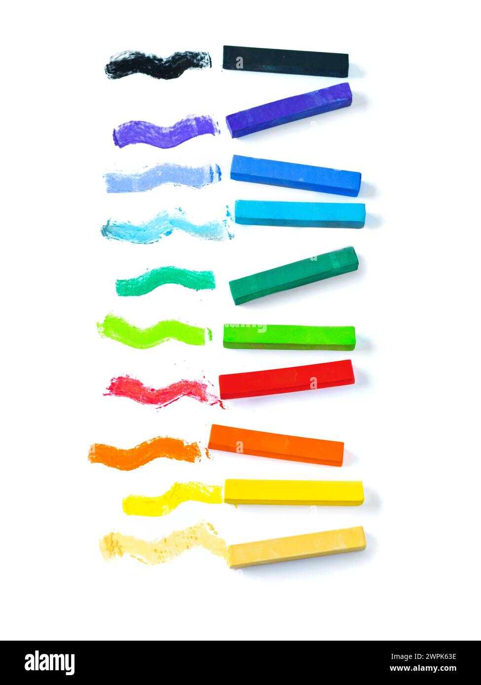 Artist, pastel and color chalk in studio for rainbow or vibrant ...