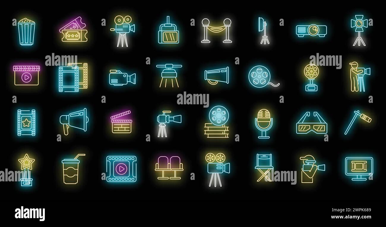 Cinematographer icons set outline vector. Cinema movie. Film video neon ...