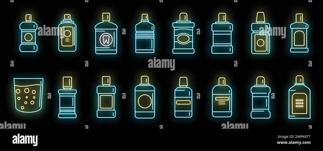 Tooth rinse icons set outline vector. Fresh breath. Liquid bottle neon ...