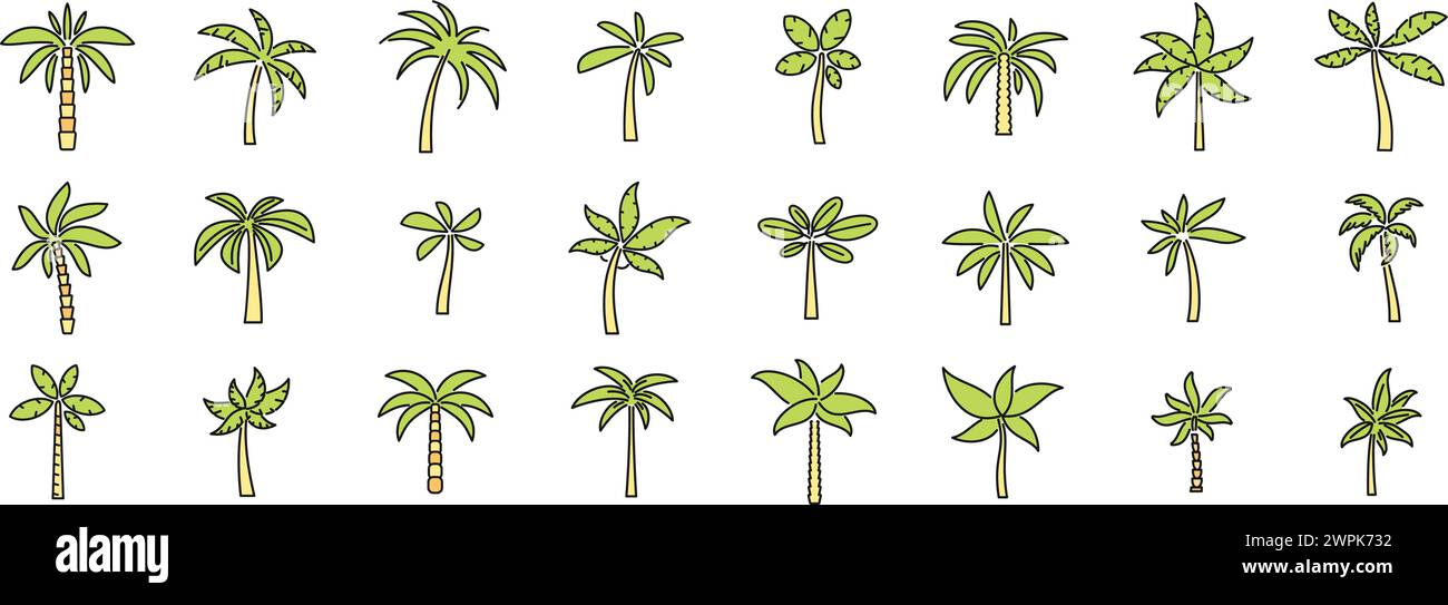 Palm icons set outline vector. Hawaii tree. Island coconut color line ...