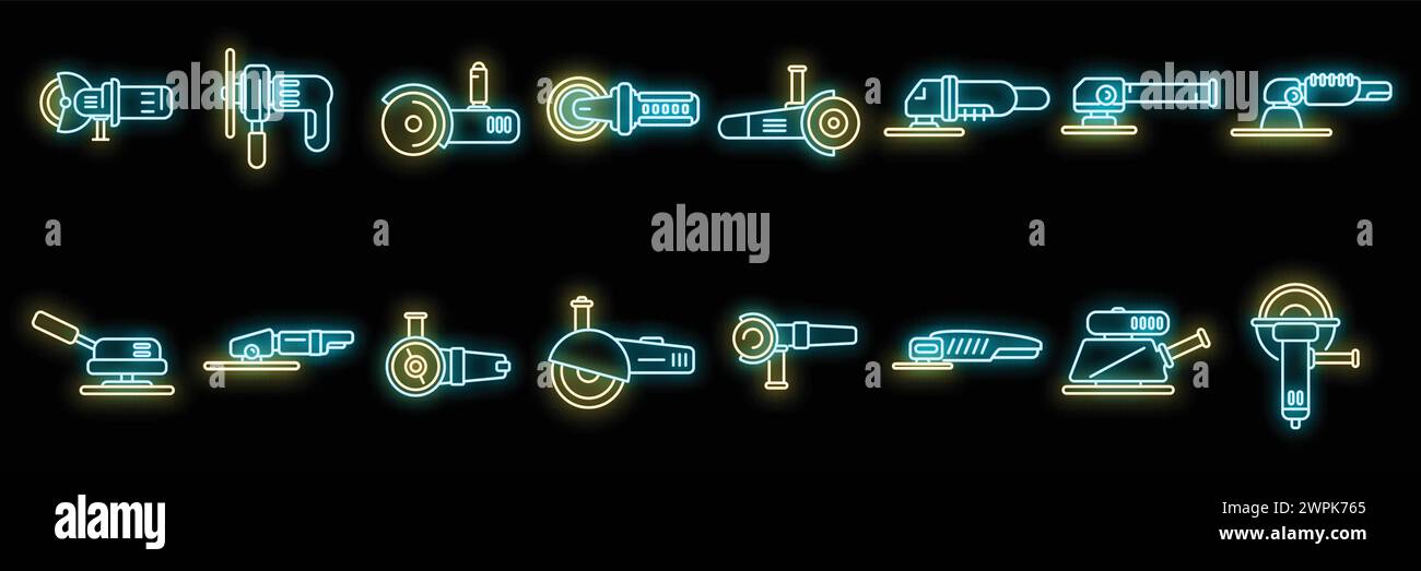 Grinding machine icons set outline vector. Build construct. Electric equipment neon isolated ...