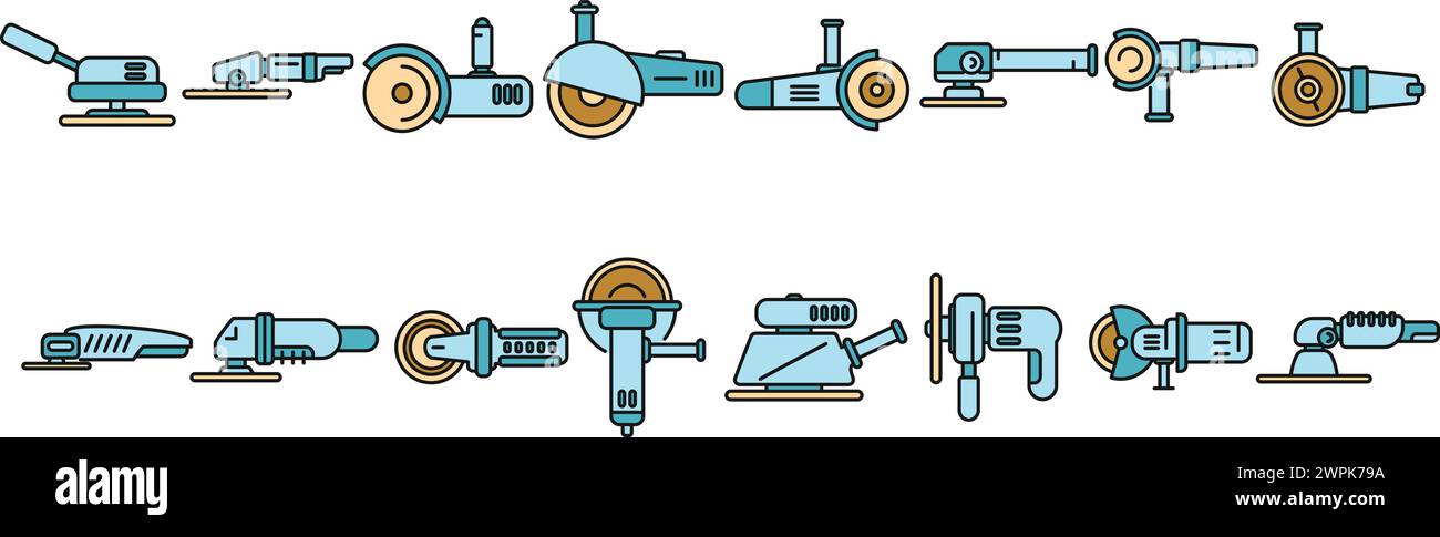 Grinding machine icons set outline vector. Build construct. Electric ... Grinding machine icons set outline vector. Build construct. Electric ...