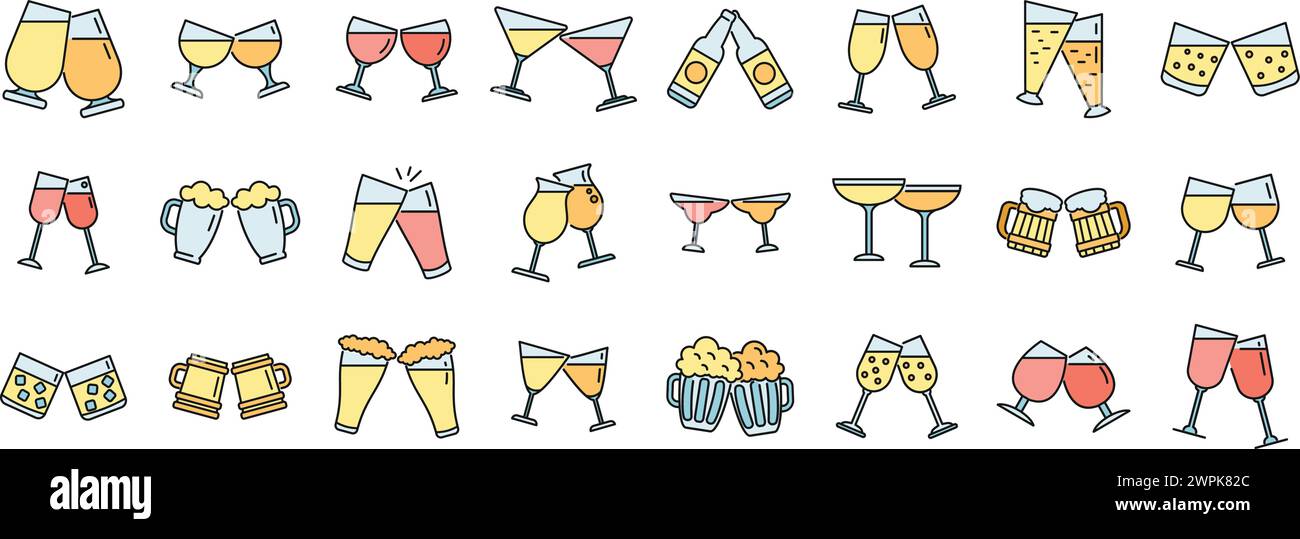 Cheers icons set outline vector. Beer toast. Bottle drink color line ...
