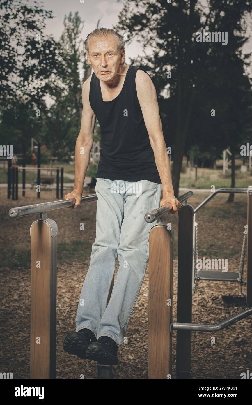 Ugly man of bad condition trying workout in outdoor gym Stock Photo - Alamy