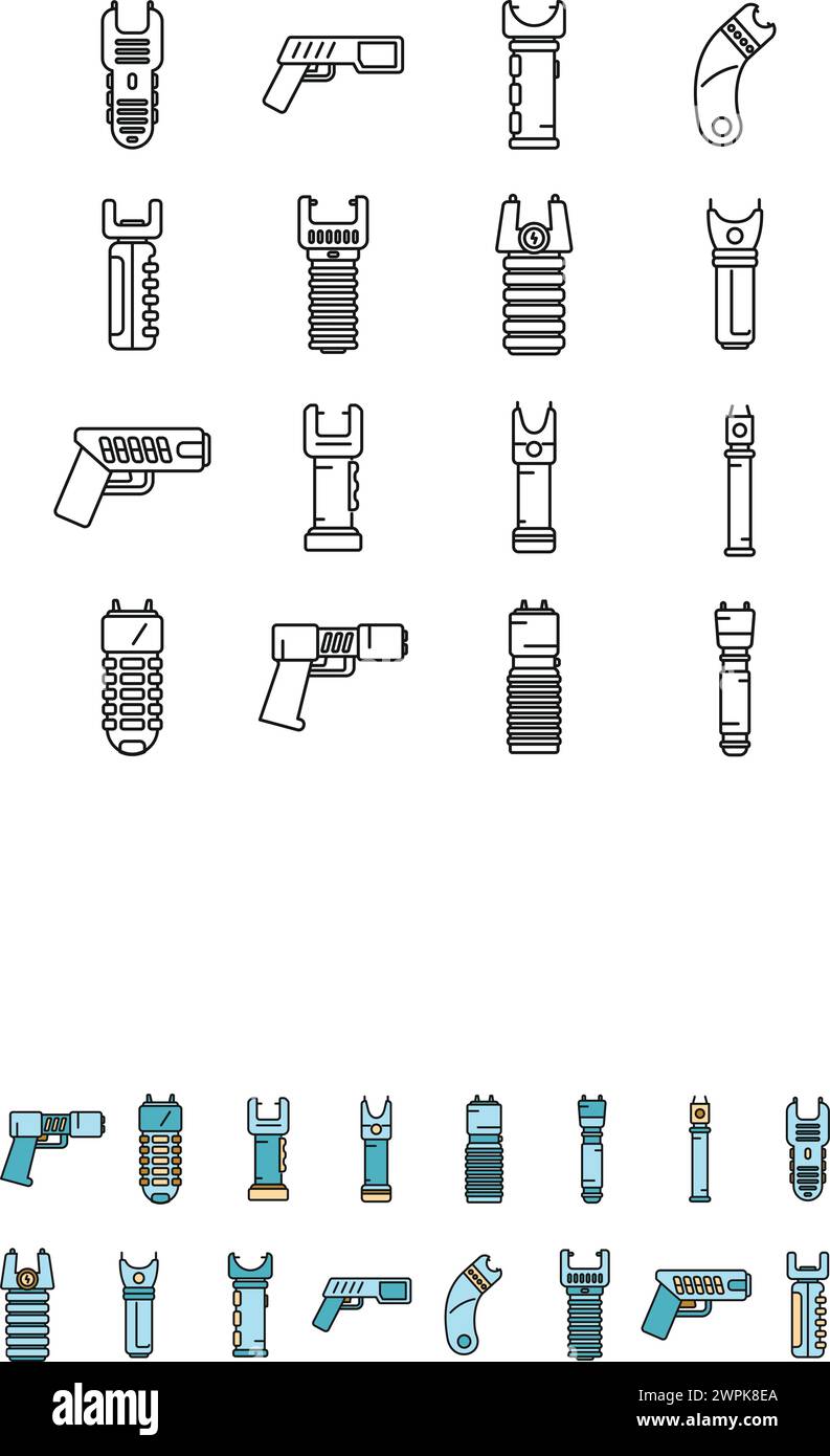 Taser icons set outline vector. Police gun. Safety stun electroshock ...