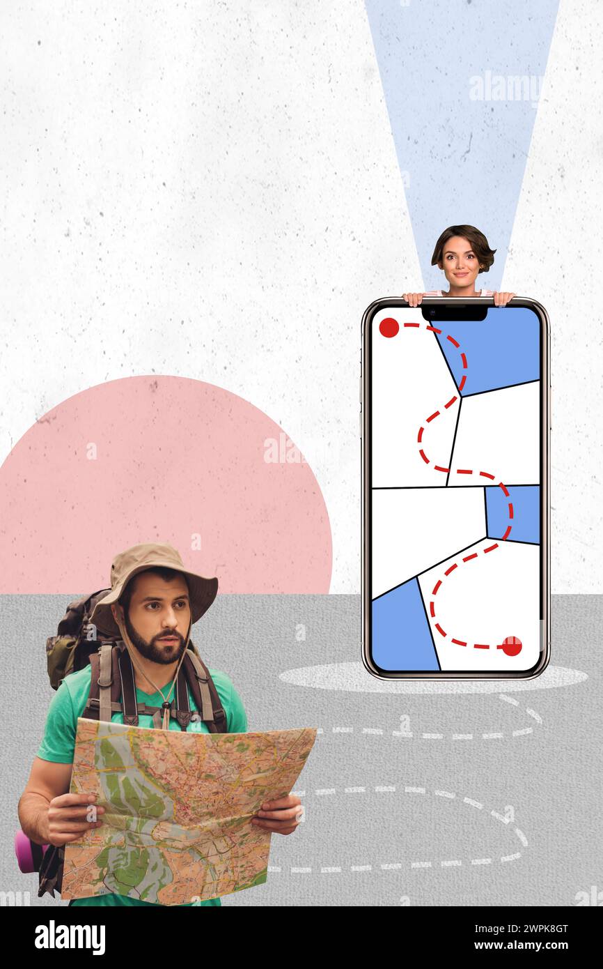 Vertical collage picture young traveler expediter lost way find route ...