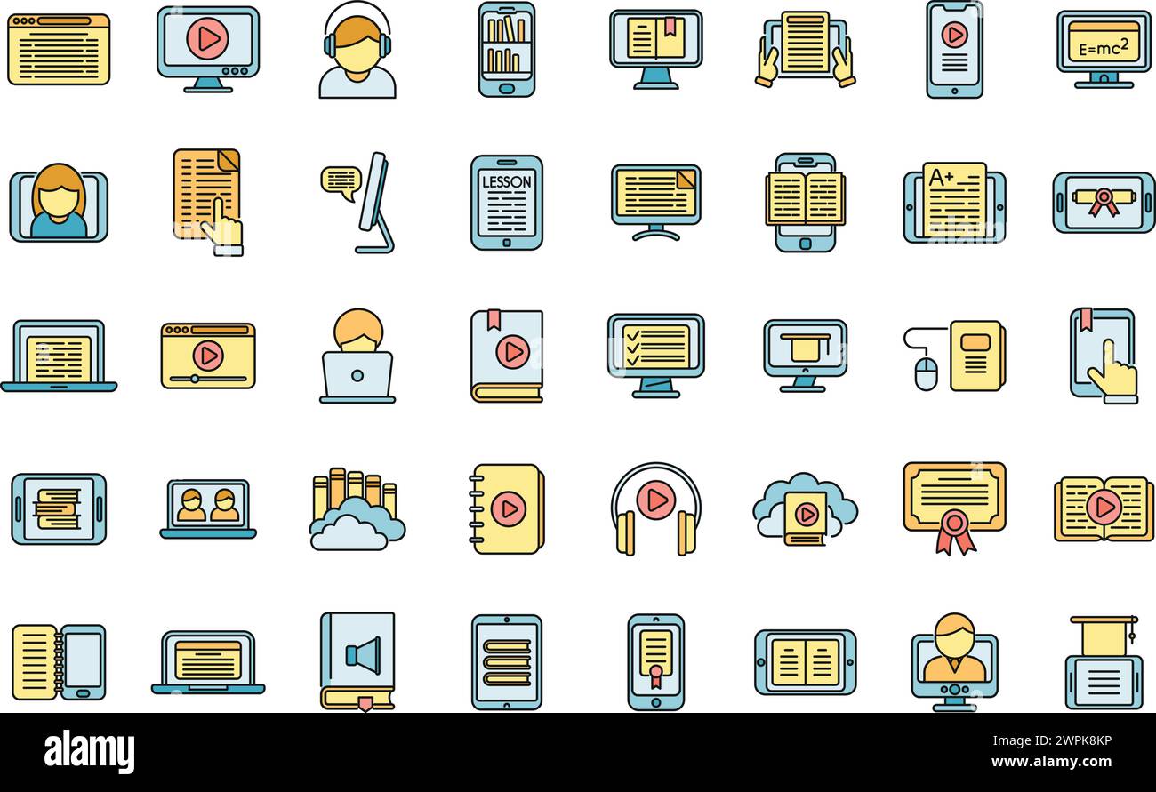 Online training icons set outline vector. Distance course. Class ...