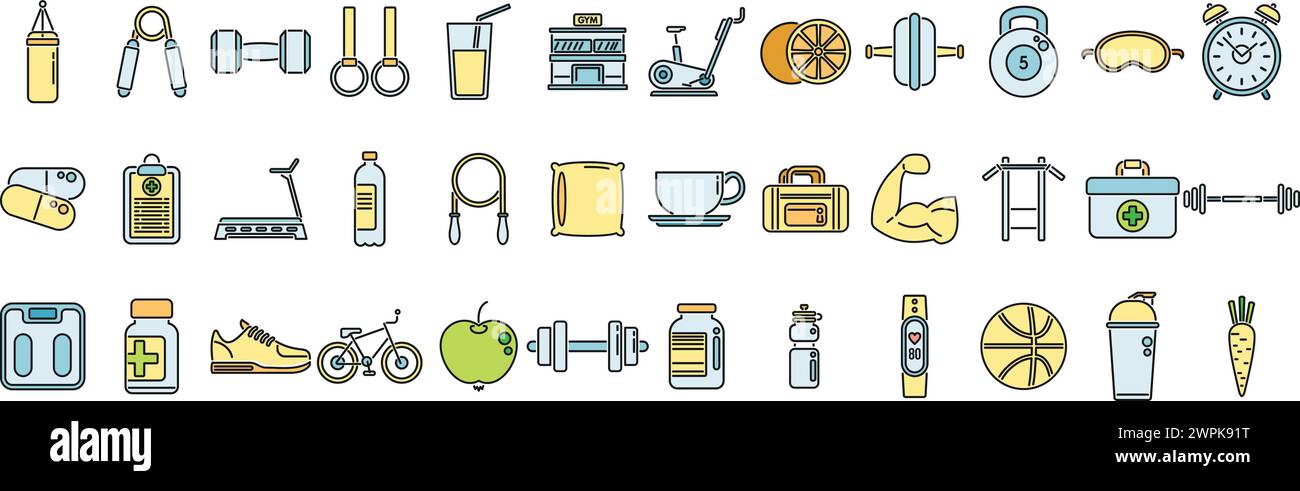 Healthy lifestyle icons set outline vector. Diet food. Sport nutrition ...