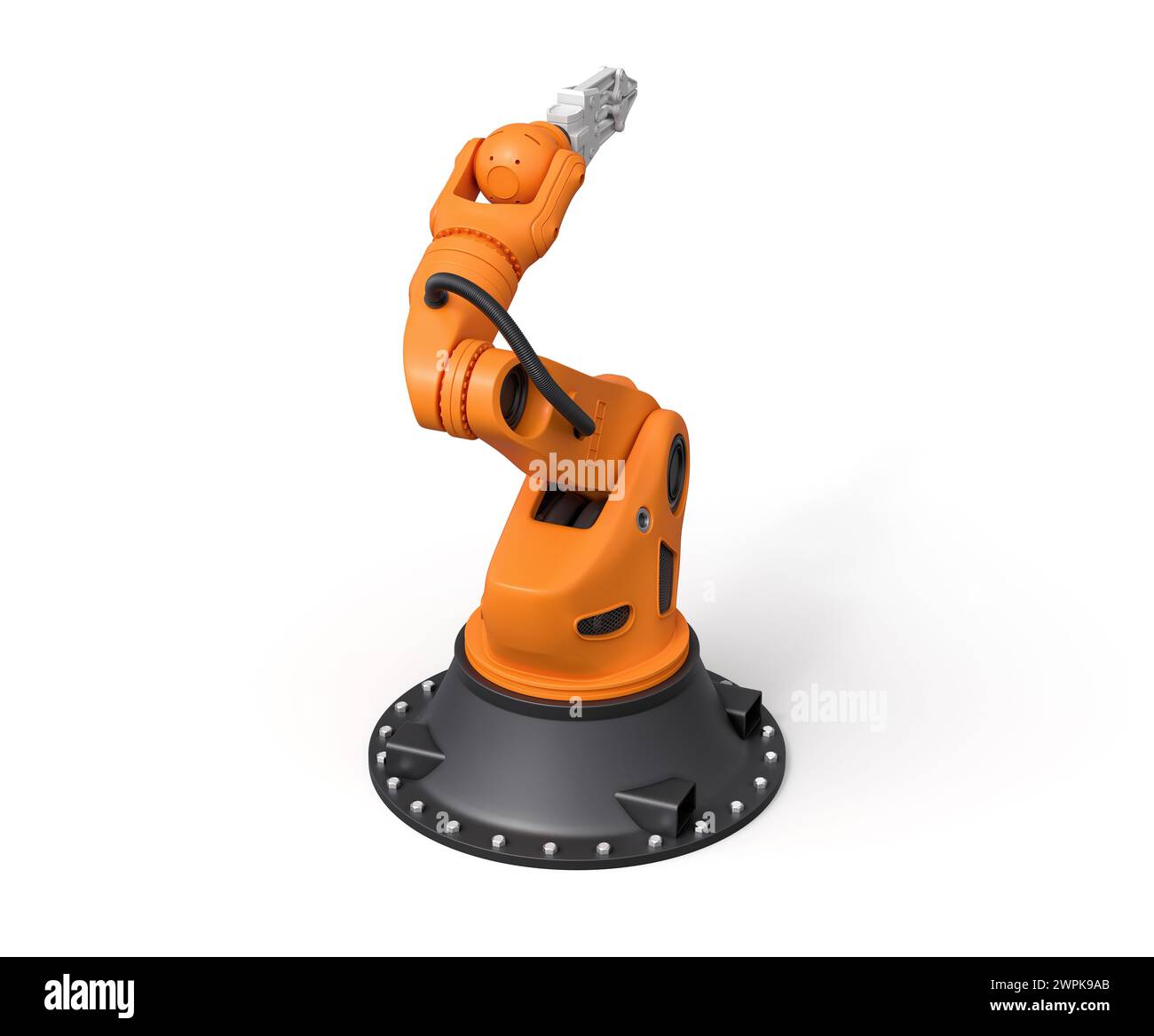 3d rendering of orange robotic arm with grey gripper standing on white ...
